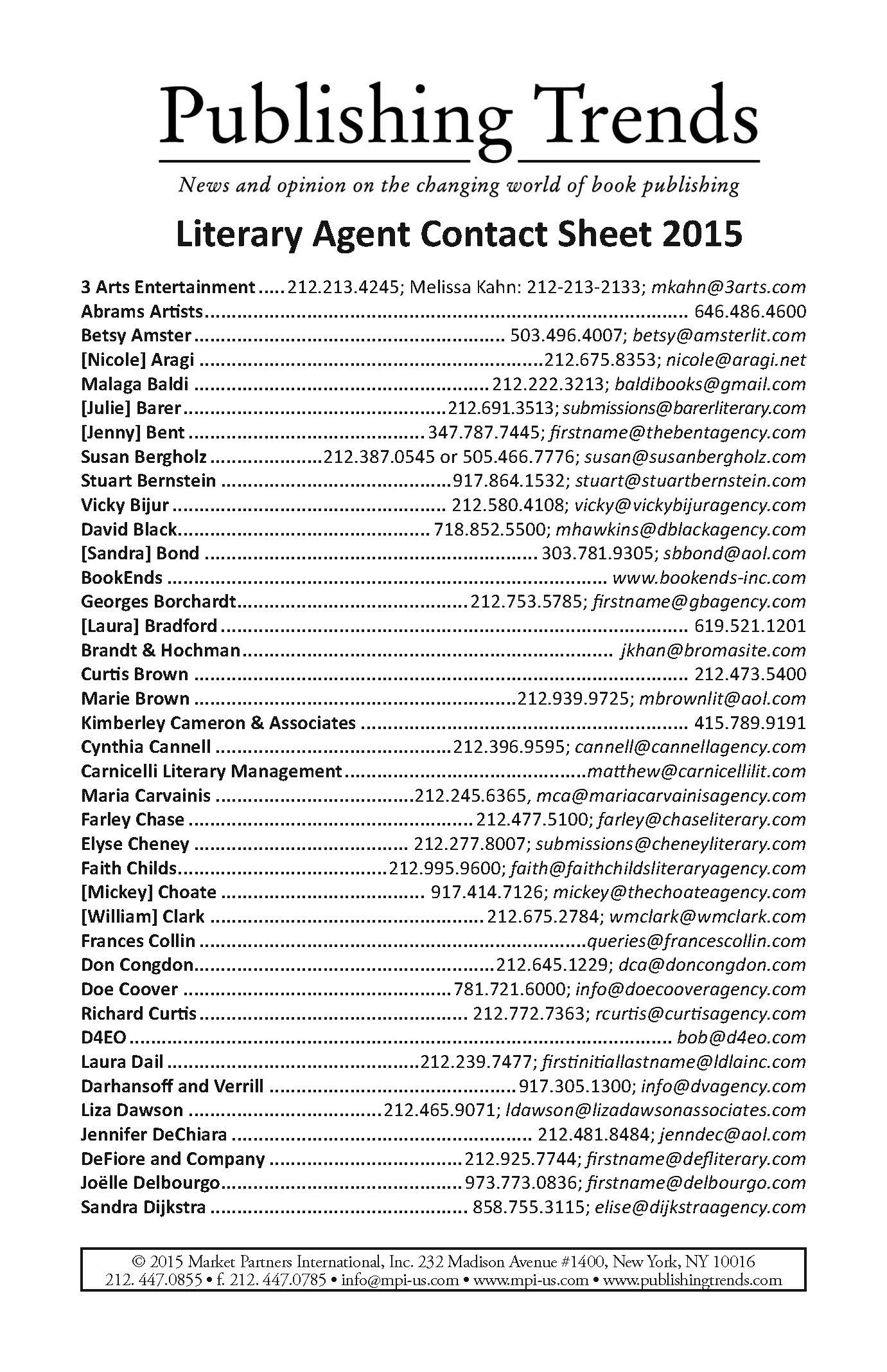 Literary Agent Contact Sheet 2015 - Publishing Trends