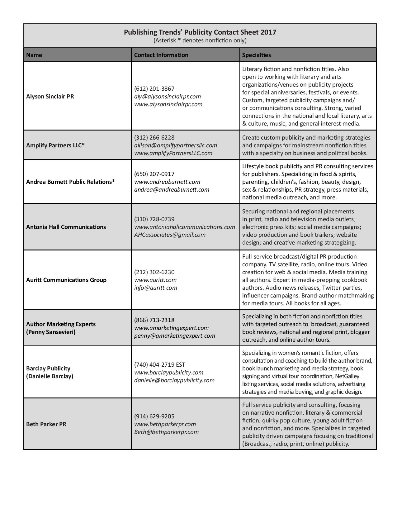 Freelance Publicists Contact Sheet 2017 - Publishing Trends