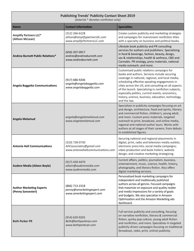 Freelance Publicists Contact Sheet 2019 - Publishing Trends