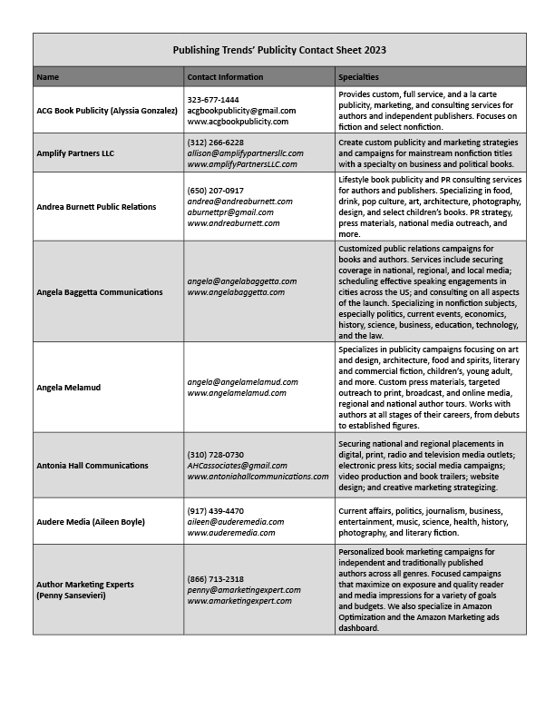 Freelance Publicists Contact Sheet 2023 - Publishing Trends